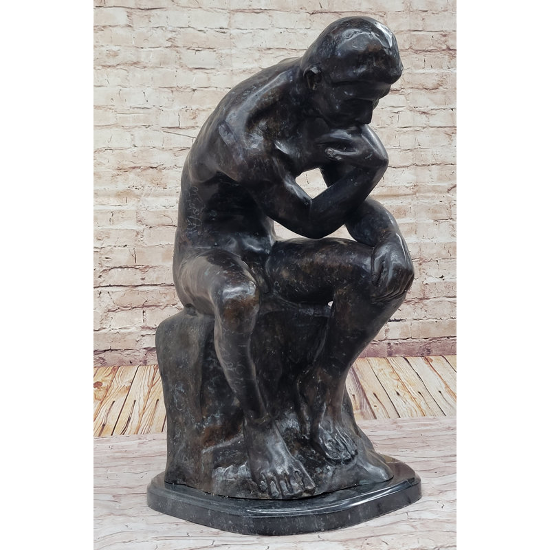 Bronzhaus The Thinker Thinking Man Auguste Rodin Bronze Statue Sculpture Replica 24" x 14" | Wayfair